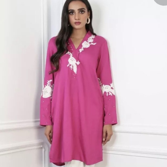 Sana Safinaz | Tops | Hot Pink Tunic Top With White Embroidery | Poshmark
